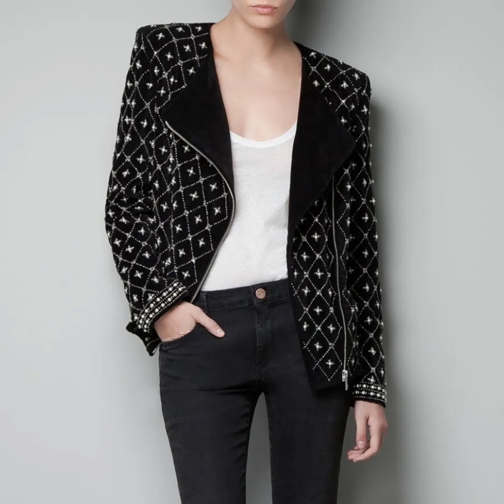 Zara Pearl And Rhinestone Velvet Encrusted Jacket - Gem